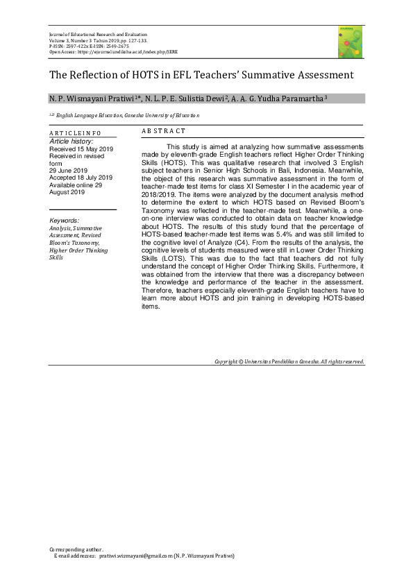 (PDF) The Reflection of HOTS in EFL Teachers’ Summative Assessment