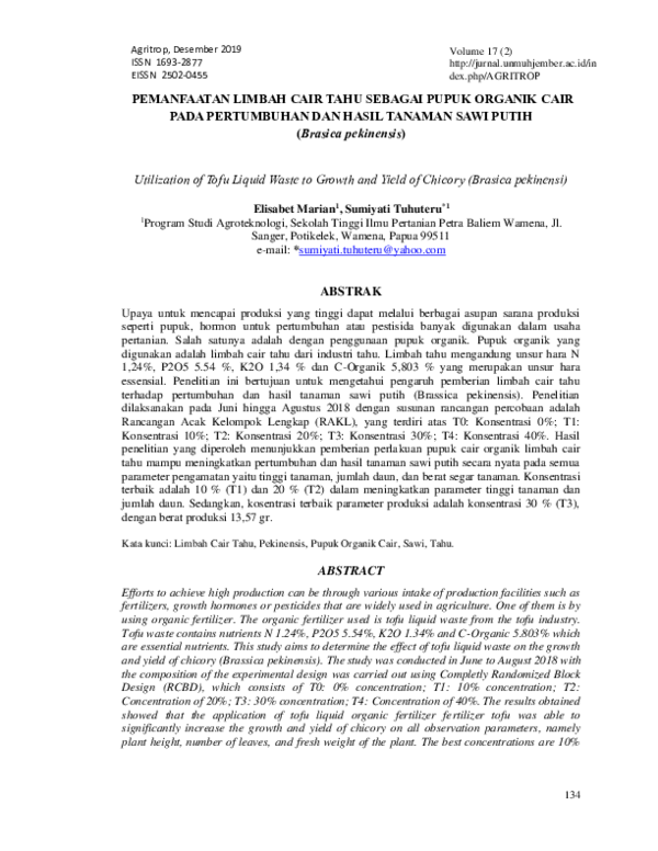 (PDF) PEMANFAATAN LIMBAH CAIR TAHU SEBAGAI PUPUK ORGANIK CAIR PADA PERTUMBUHAN DAN HASIL TANAMAN ...