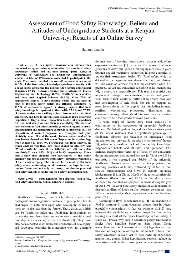 (PDF) Assessment of Food Safety Knowledge, Beliefs and Attitudes of ...
