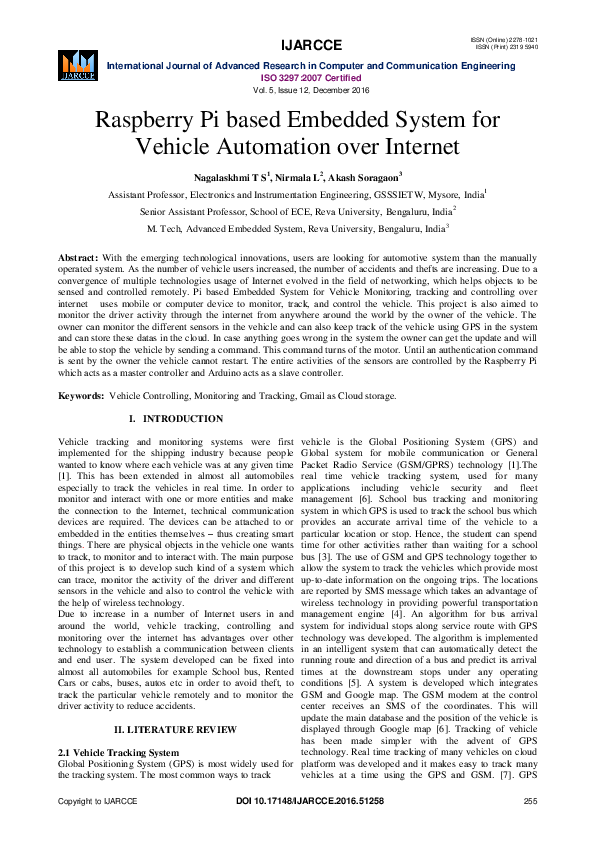Pdf Raspberry Pi Based Embedded System For Vehicle Automation Over Internet