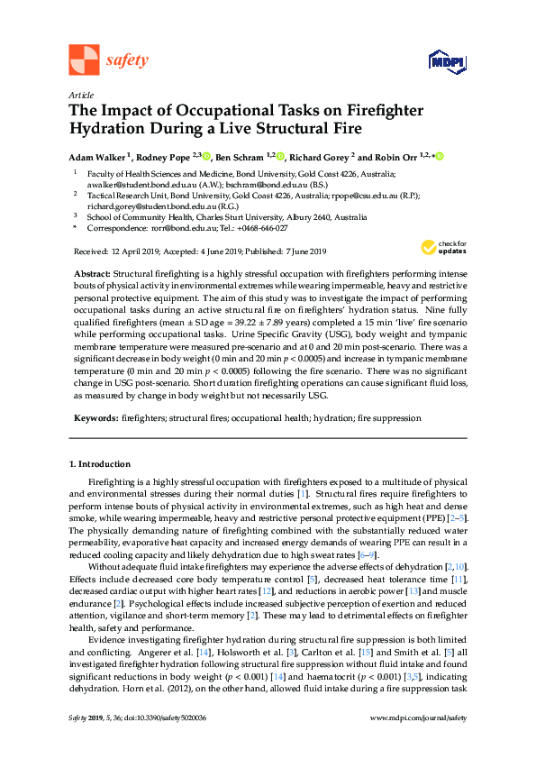 (PDF) The Impact of Occupational Tasks on Firefighter Hydration During ...
