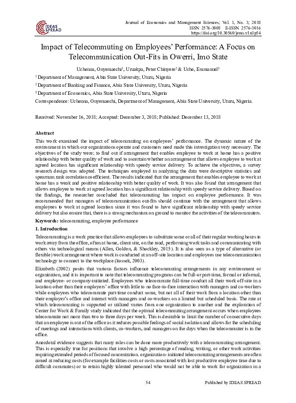 (PDF) Impact of Telecommuting on Employees’ Performance
