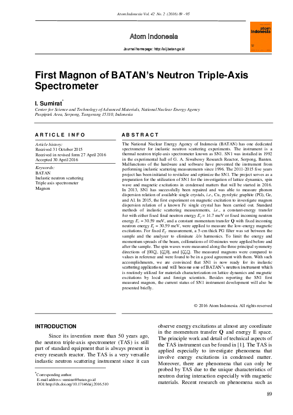 (PDF) First Magnon of BATAN’s Neutron Triple-Axis Spectrometer