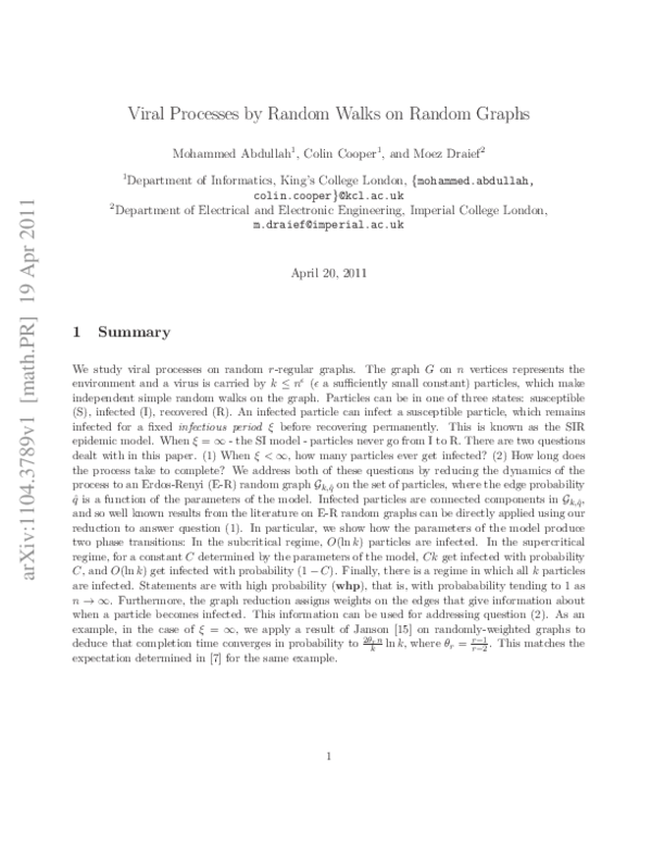 (PDF) Viral processes by random walks on random regular graphs