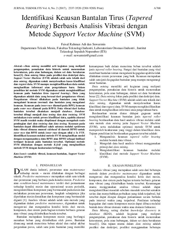 (PDF) Identifikasi Keausan Bantalan Tirus (Tapered Bearing) Berbasis Analisis Vibrasi dengan ...