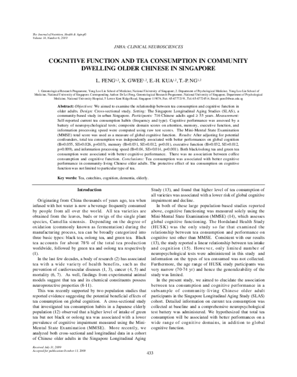 (PDF) Cognitive function and tea consumption in community dwelling ...