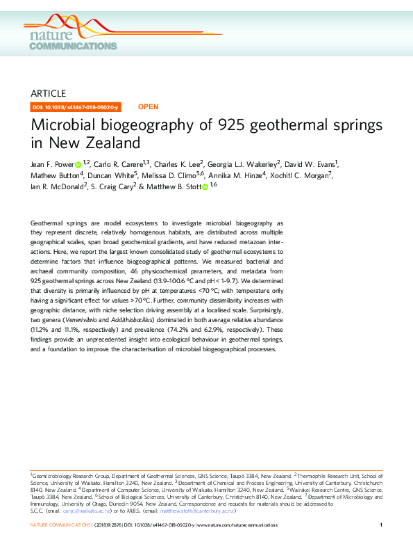 (PDF) Microbial biogeography of 925 geothermal springs in New Zealand