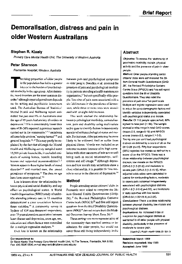 (PDF) Demoralisation, distress and pain in older Western Australians