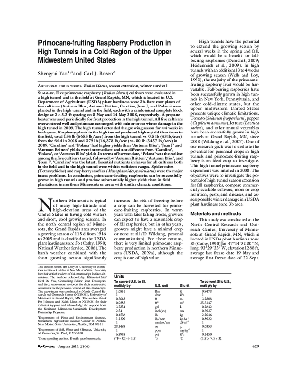 (PDF) Primocane-fruiting Raspberry Production in High Tunnels in a Cold ...