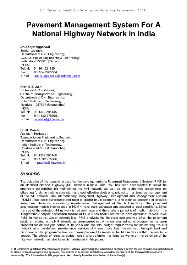 (PDF) Pavement management system for a national highway network in India