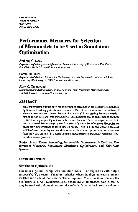 (PDF) Performance Measures for Selection of Metamodels to be Used in Simulation Optimization