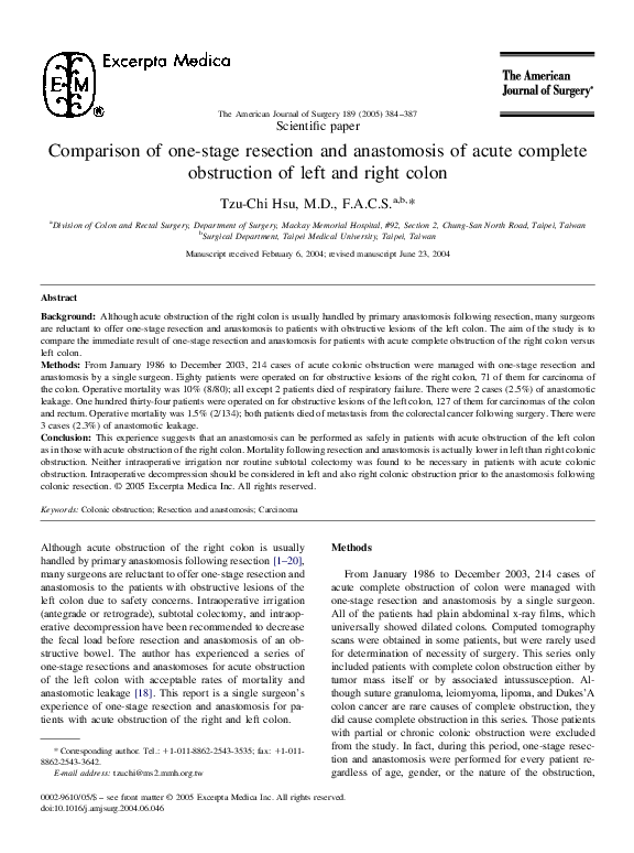 (PDF) Comparison of one-stage resection and anastomosis of acute ...