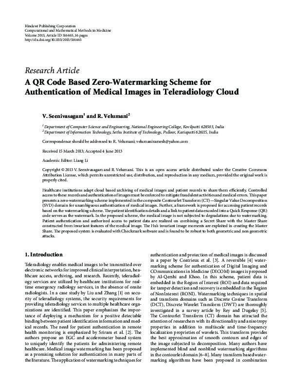 Pdf A Qr Code Based Zero Watermarking Scheme For Authentication Of Medical Images In