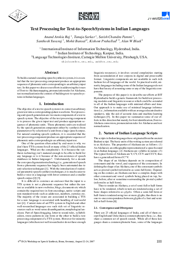 (PDF) Text Processing for Text-to-Speech Systems in Indian Languages