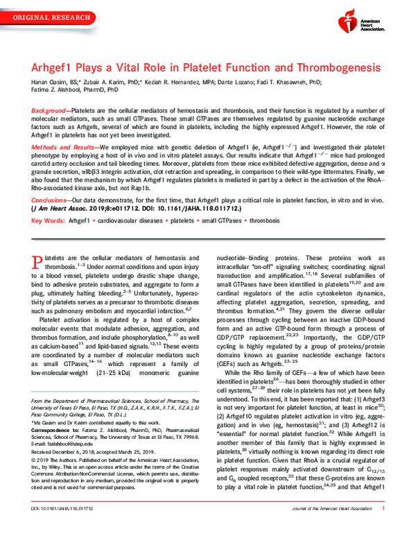 (PDF) Arhgef1 Plays a Vital Role in Platelet Function and Thrombogenesis