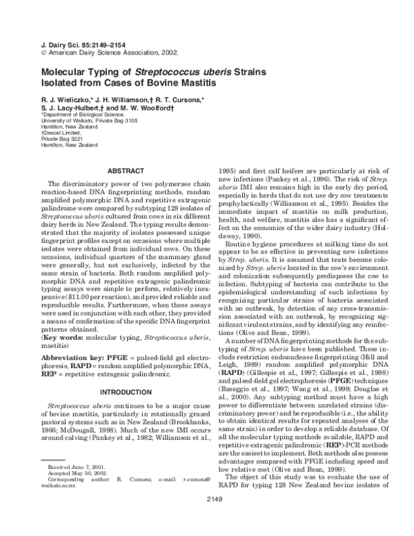 (PDF) Typing Streptococcus uberis in Bovine Mastitis