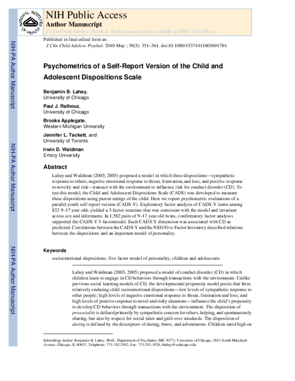 (PDF) Psychometrics of a Self-Report Version of the Child and ...