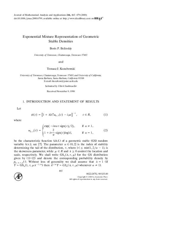 (PDF) Exponential Mixture Representation of Geometric Stable Densities