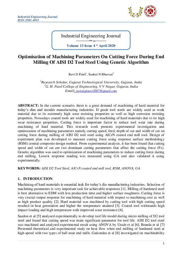 Pdf Optimisation Of Machining Parameters On Cutting Force During End