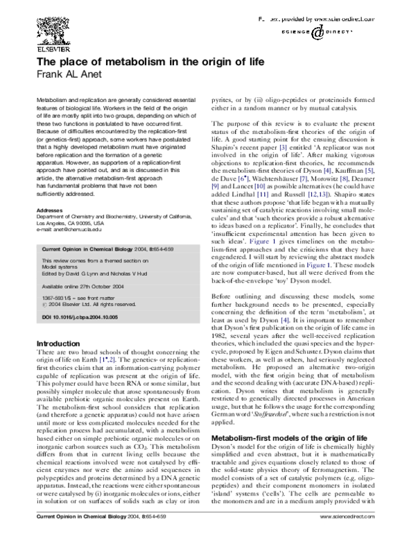 (PDF) The place of metabolism in the origin of life