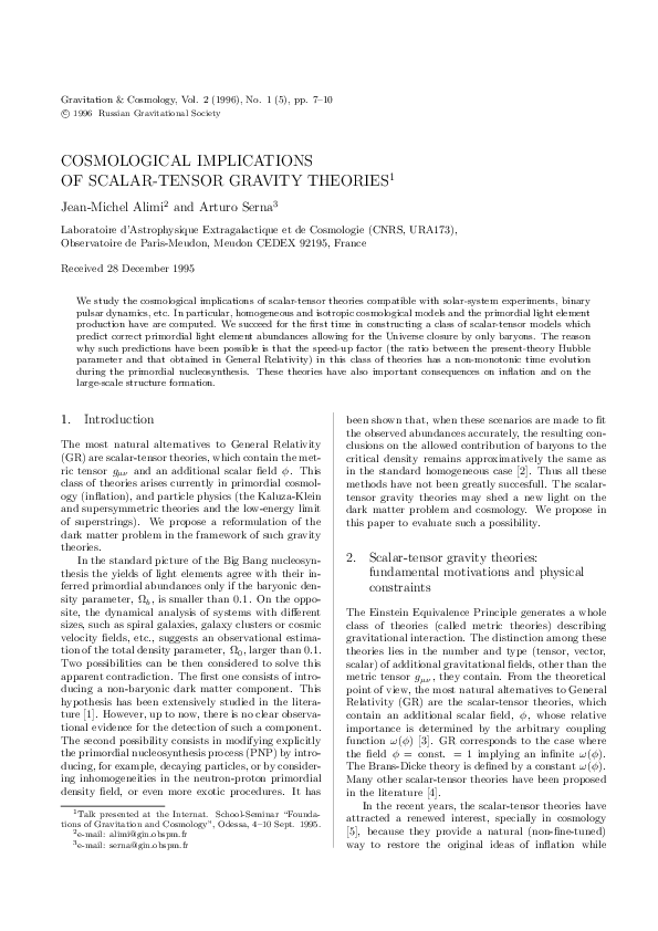 Pdf Cosmological Implications Of Scalar Tensor Gravity Theories