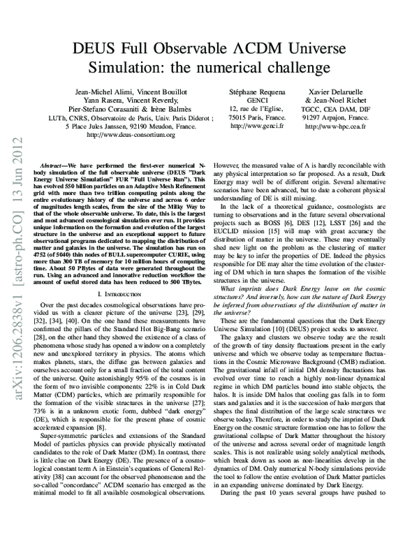 (PDF) DEUS Full Observable {\ Lambda} CDM Universe Simulation: the numerical challenge