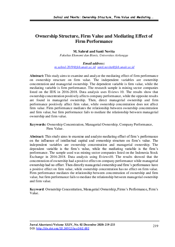 (PDF) Ownership Structure, Firm Value and Mediating Effect of Firm Performance | m sahrul ...