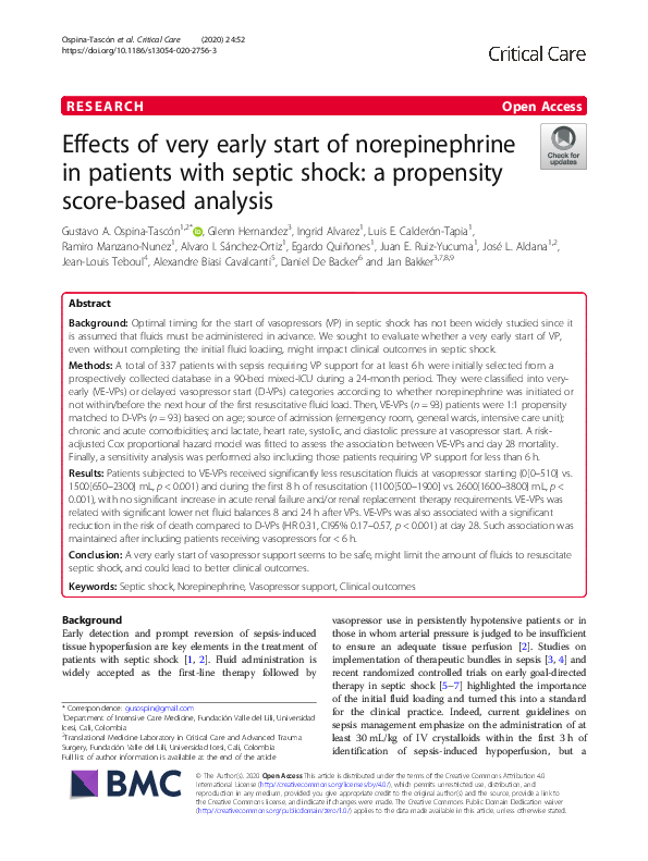 (PDF) Effects of very early start of norepinephrine in patients with septic shock: a propensity ...