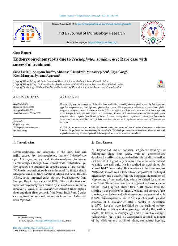 (PDF) Endonyx onychomycosis due to Trichophyton soudanense: Rare case ...