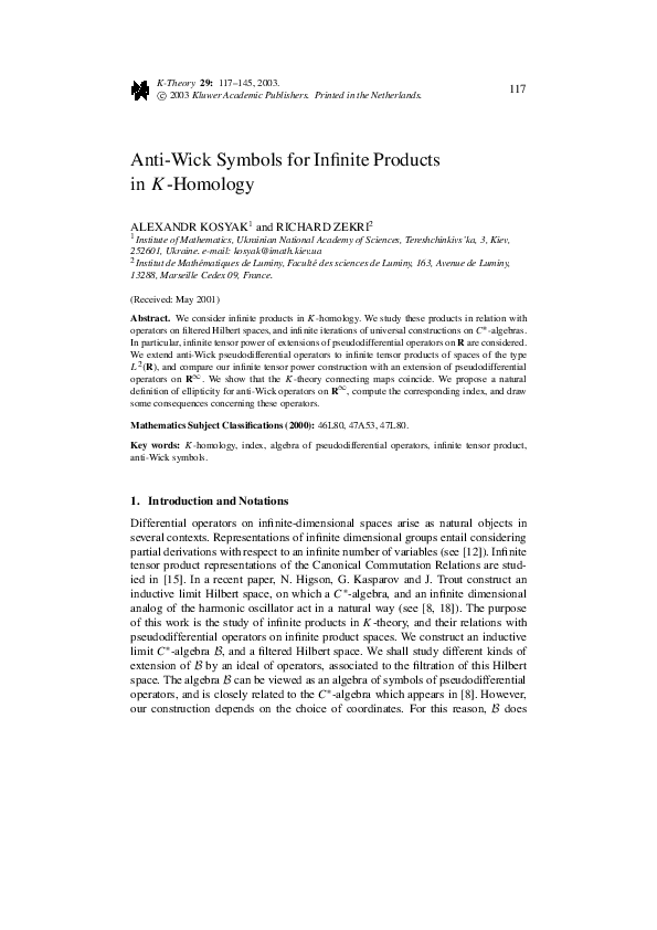 (PDF) Anti-Wick Symbols for Infinite Products in K Homology