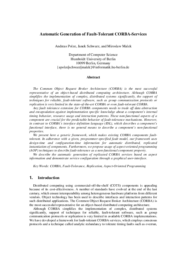Pdf Automatic Generation Of Fault Tolerant Corba Services