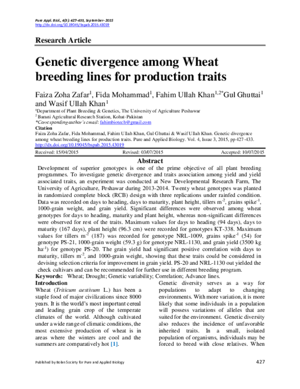 Pdf Genetic Divergence Among Wheat Breeding Lines For Production