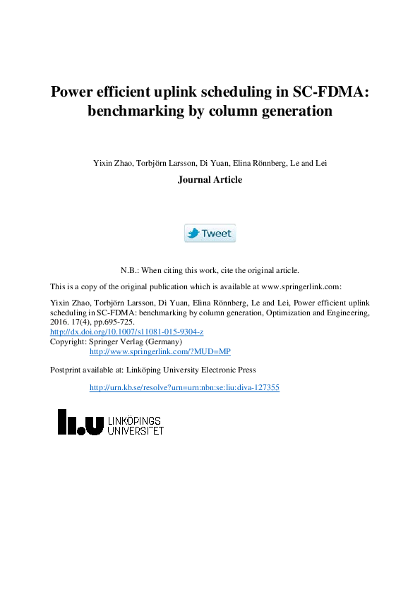 (PDF) Power efficient uplink scheduling in SC-FDMA: benchmarking by column generation