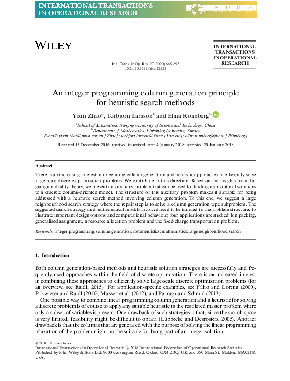 (PDF) An integer programming column generation principle for heuristic search methods