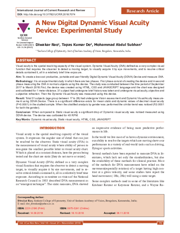 (PDF) A New Digital Dynamic Visual Acuity Device: Experimental Study