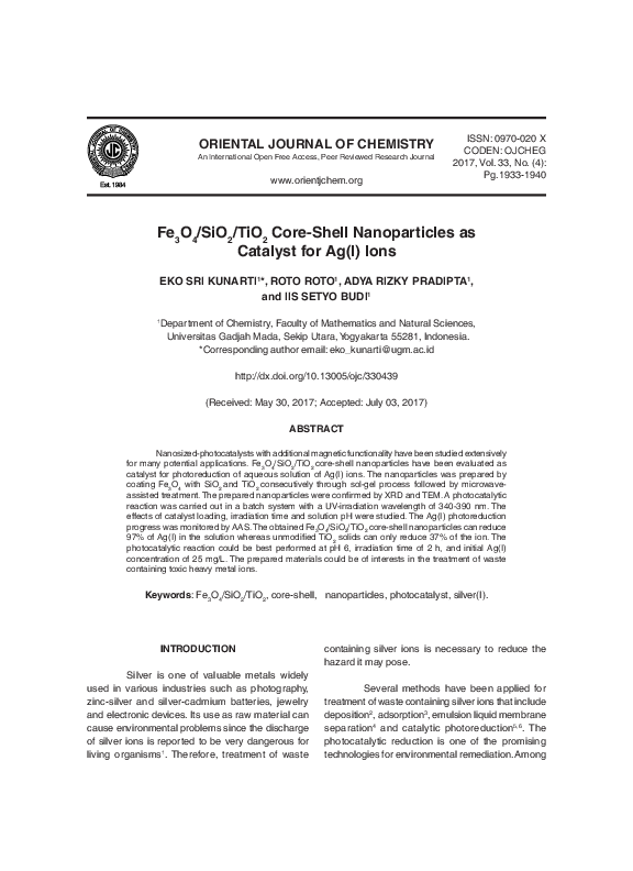 (PDF) Fe3O4/SiO2/TiO2 Core-Shell Nanoparticles as Catalyst for Ag(I) Ions