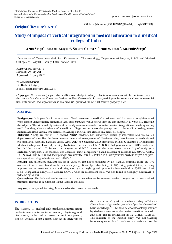(PDF) Study of impact of vertical integration in medical education in a ...