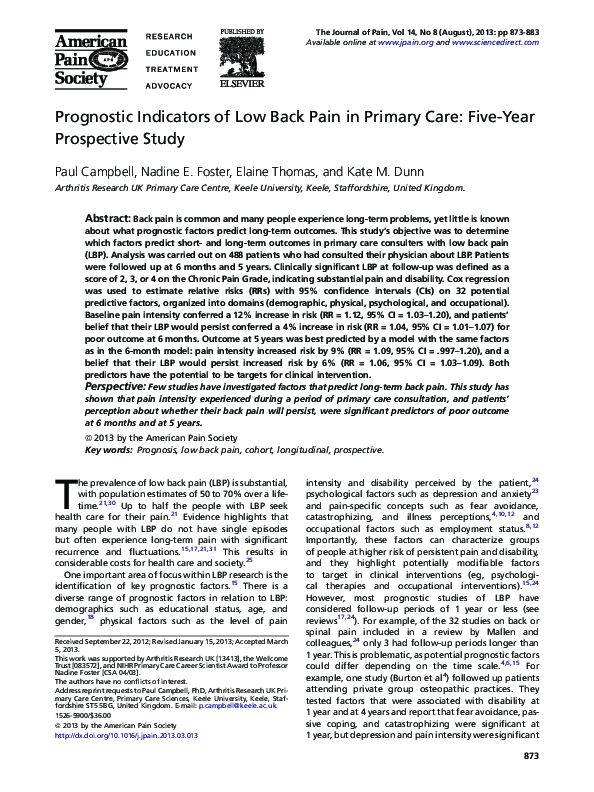 (PDF) Prognostic Indicators of Low Back Pain in Primary Care: Five-Year ...