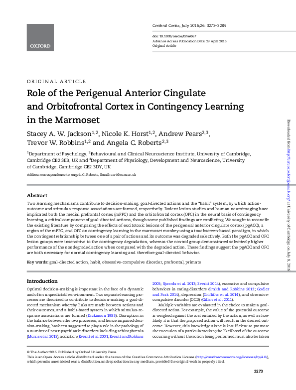 (PDF) Role of the Perigenual Anterior Cingulate and Orbitofrontal Cortex in Contingency Learning ...