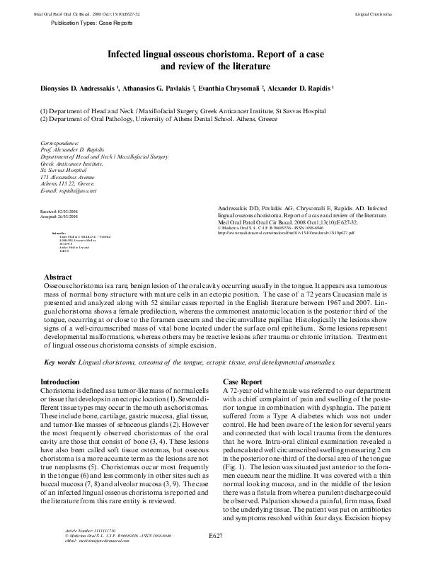 (PDF) Infected lingual osseous choristoma. Report of a case and review ...
