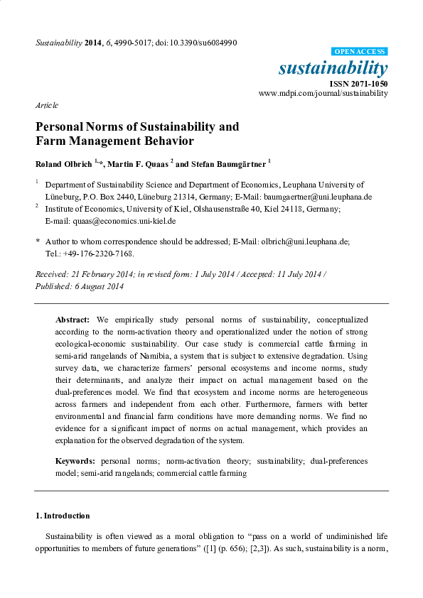 (PDF) Personal Norms of Sustainability and Farm Management Behavior ...