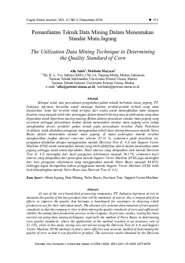 (PDF) Pemanfaatan Teknik Data Mining Dalam Menentukan Standar Mutu Jagung