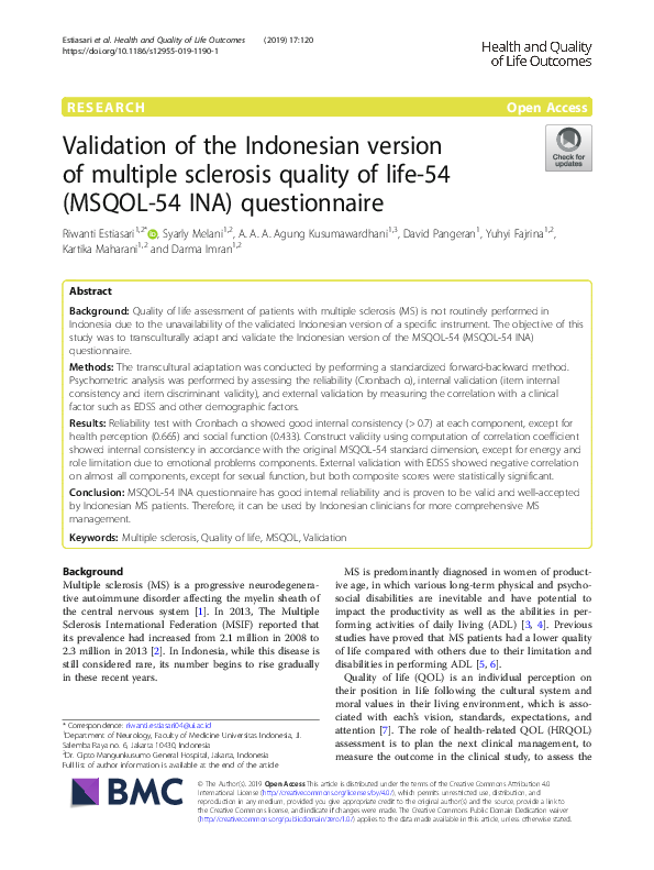 (PDF) Validation of the Indonesian version of multiple sclerosis quality of life-54 (MSQOL-54 ...