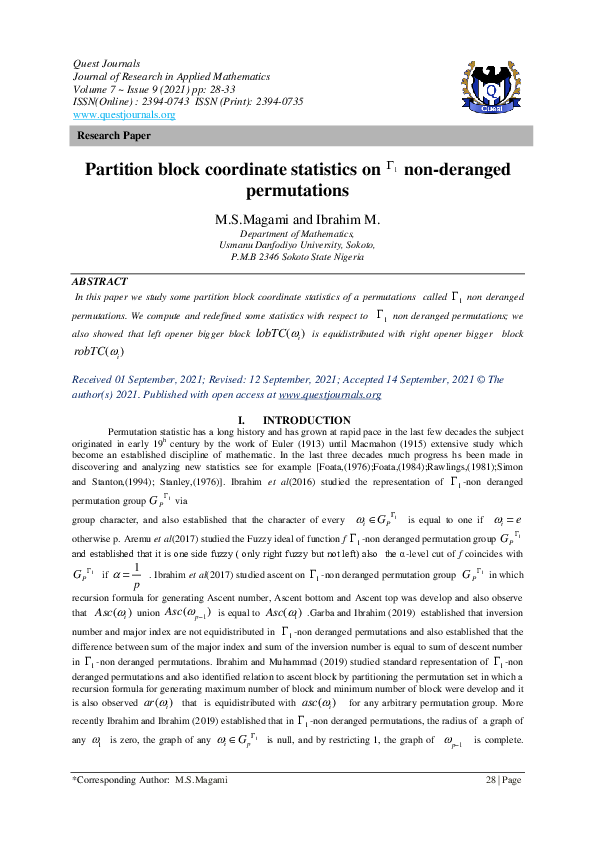 (PDF) Partition block coordinate statistics on 1 non-deranged permutations