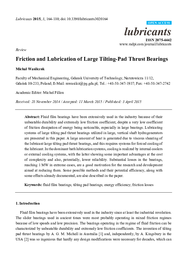 Pdf Friction And Lubrication Of Large Tilting Pad Thrust Bearings