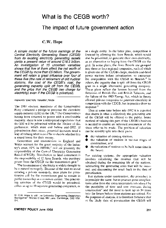 (PDF) CEGB Valuation: Impact of Government Actions