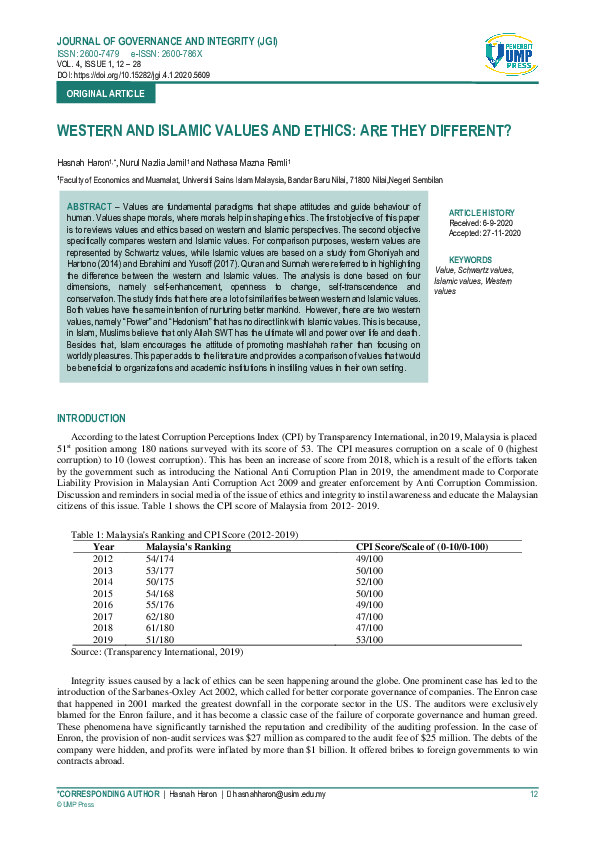 (PDF) Western and Islamic Values and Ethics: Are They Different?