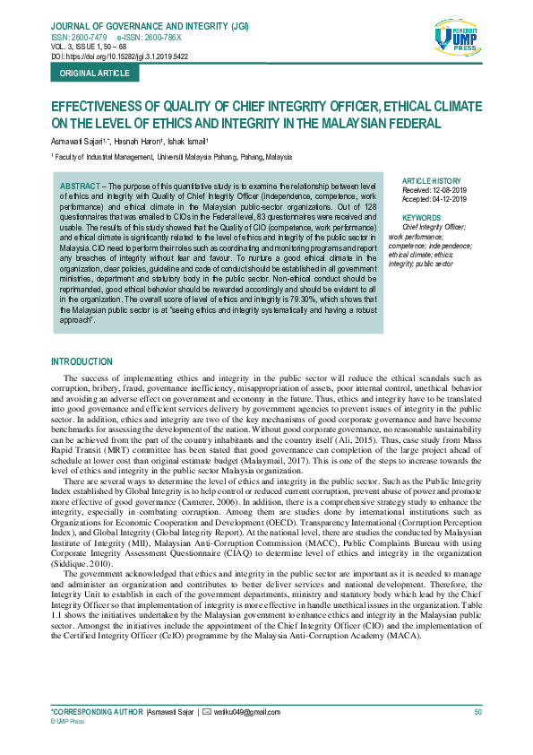 (PDF) Effectiveness of Quality of Chief Integrity Officer, Ethical ...