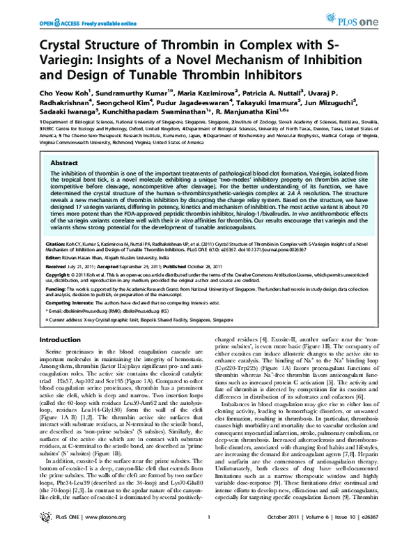 (PDF) Crystal Structure of Thrombin in Complex with S-Variegin ...