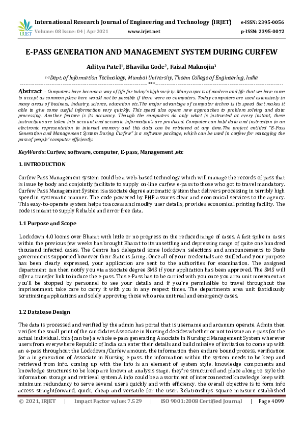 (PDF) IRJET- E-PASS GENERATION AND MANAGEMENT SYSTEM DURING CURFEW